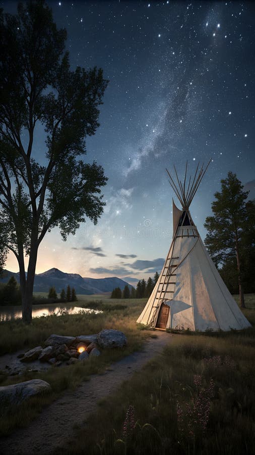Native American Indian Teepee at Night. 3D Rendering. Native American ...