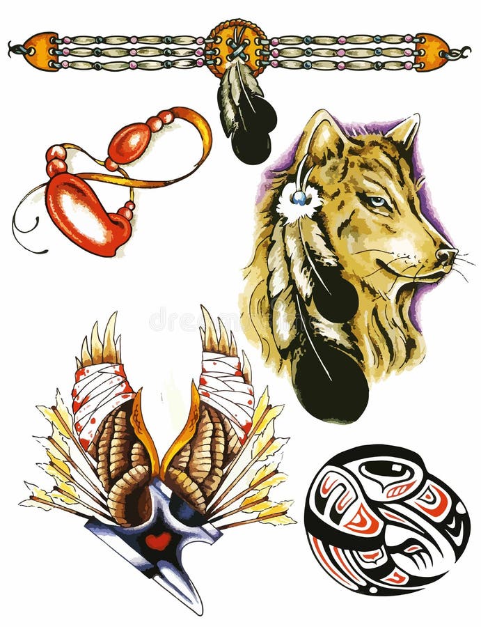 Native American Indians Tattoo Set. Set of Labels and Elements. Vector ...