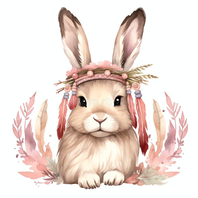Native American Inspired Cute Bunny Pink Cute Bunny Watercolor Stock ...