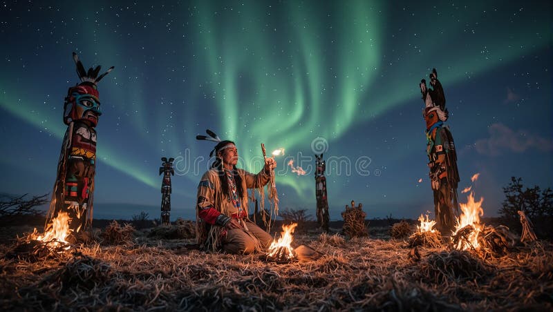 Native American Shaman Performs Ritual Under Star Filled Sky with Sage ...
