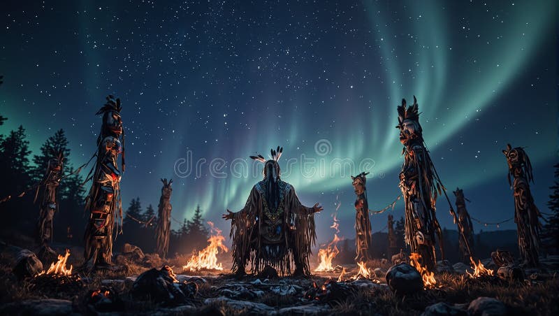 Native American Shaman Performs Ritual Under Star Filled Sky with Sage ...