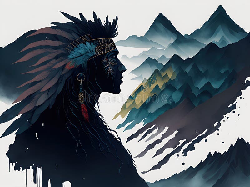 Native American Silhouette Head Morphing into Mountain. Ai Generative ...