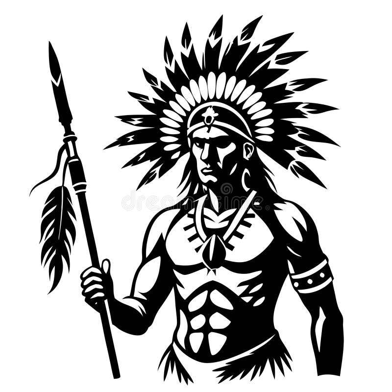 Native American Warrior with Traditional Headdress and Spear Vector ...