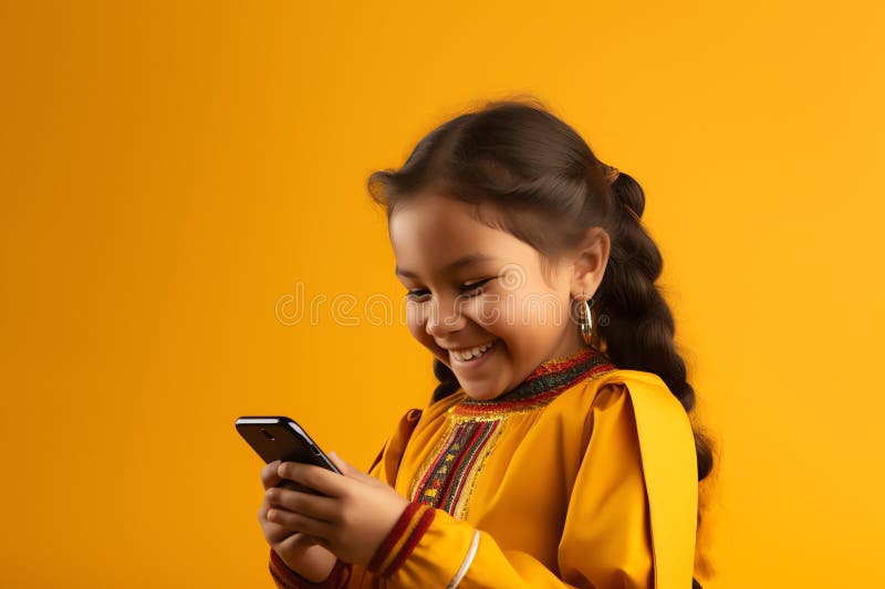 Native American Woman Looking at Her Phone, Happy and Smiling, on ...