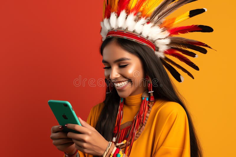 Native American Woman Looking at Her Phone, Happy and Smiling, on ...