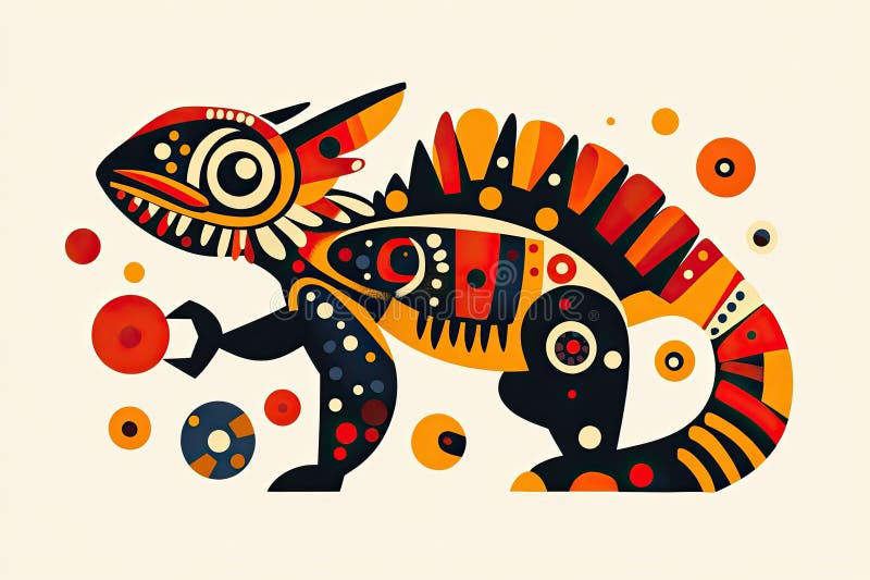 Native Art Colorful Drawing of an Anthropomorphic Chameleon Juggling ...