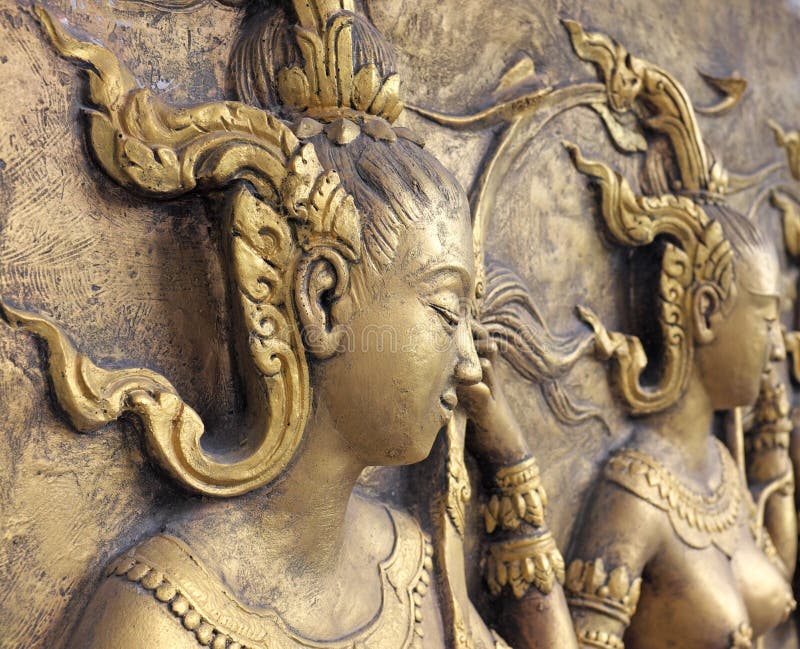 Native Culture Thai Sculpture on the Temple Wall Stock Photo - Image of ...