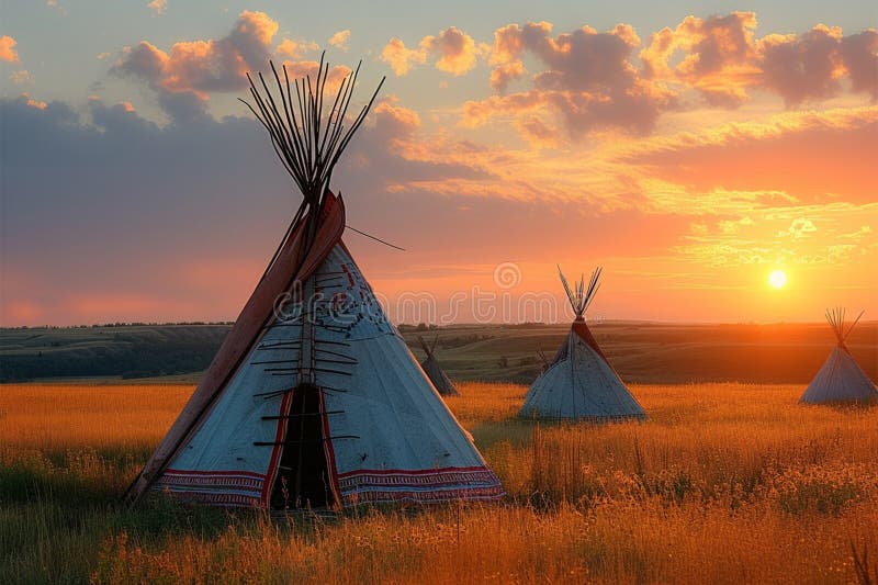 Native Elegance Teepee in North American Prairies at Sunset Stock ...