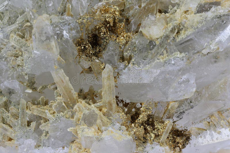 Native Gold on Clear Quartz Stock Photo - Image of chemical, gold ...