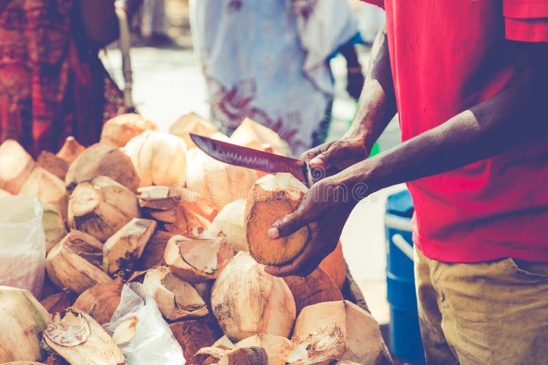 Native Opening Fresh Coconut with Knife Stock Image - Image of native ...