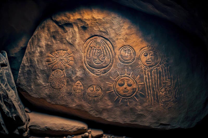 Native Petroglyphs on Rock Wall Stock Illustration - Illustration of ...