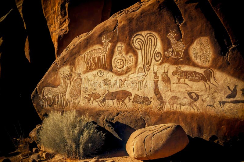 Native Petroglyphs on Rock Wall Stock Illustration - Illustration of ...