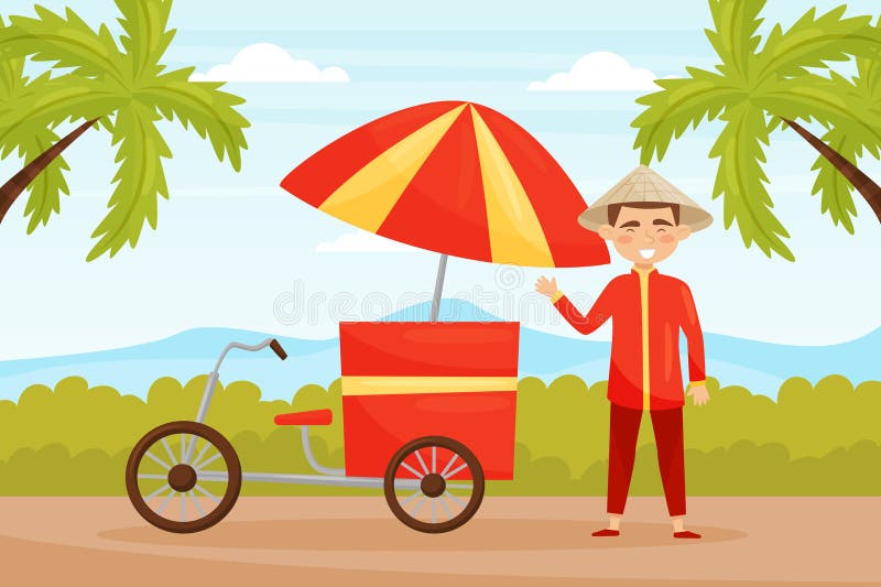 Native Vietnamese Man Character in Straw Conical Hat Standing at Stall ...