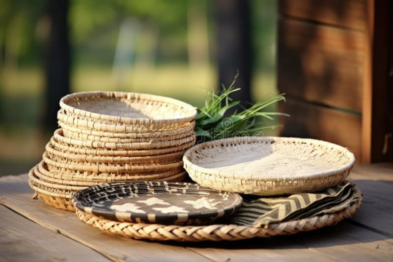 Native Woven Baskets on a Wooden Table Stock Photo - Image of ...