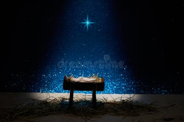 Nativity of Jesus, Empty Manger at Night with Bright Lights. Stock ...