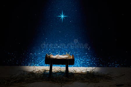Nativity of Jesus, Empty Manger at Night with Bright Lights. Stock ...