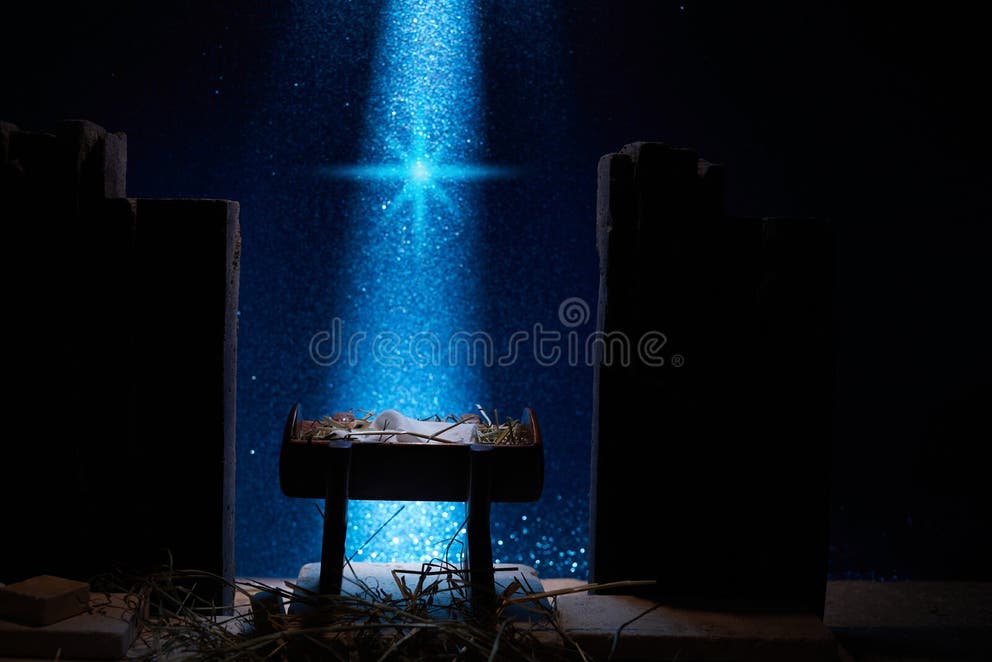 Nativity of Jesus, Empty Manger at Night with Bright Lights. Stock ...