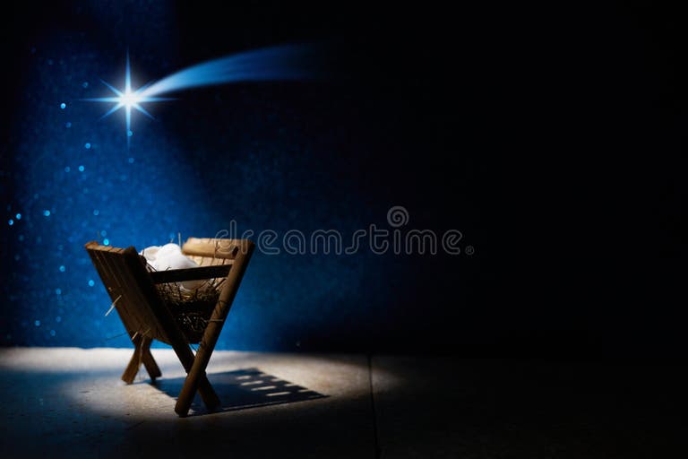 Nativity of Jesus, Empty Manger at Night with Bright Lights. Stock ...