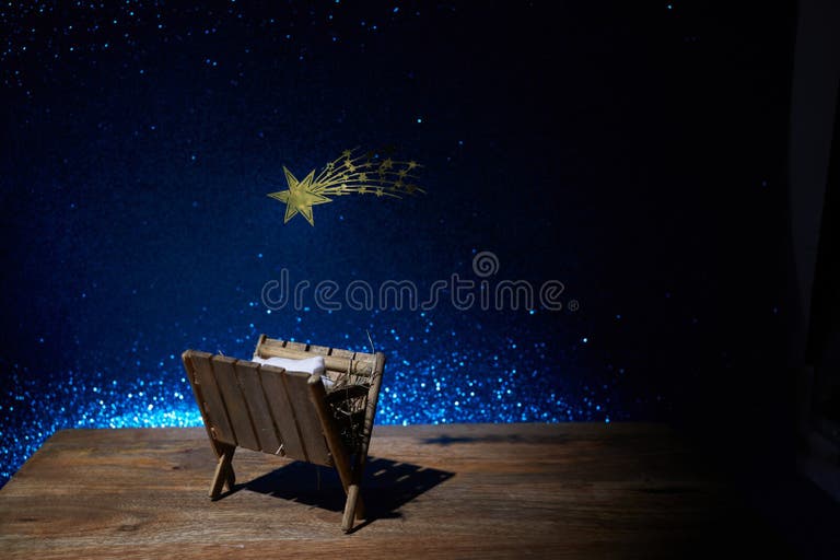 Nativity of Jesus, Empty Manger at Night with Bright Lights. Stock ...