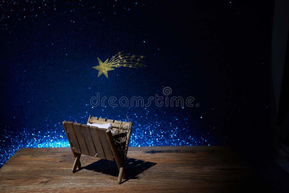 Nativity of Jesus, Empty Manger at Night with Bright Lights. Stock ...