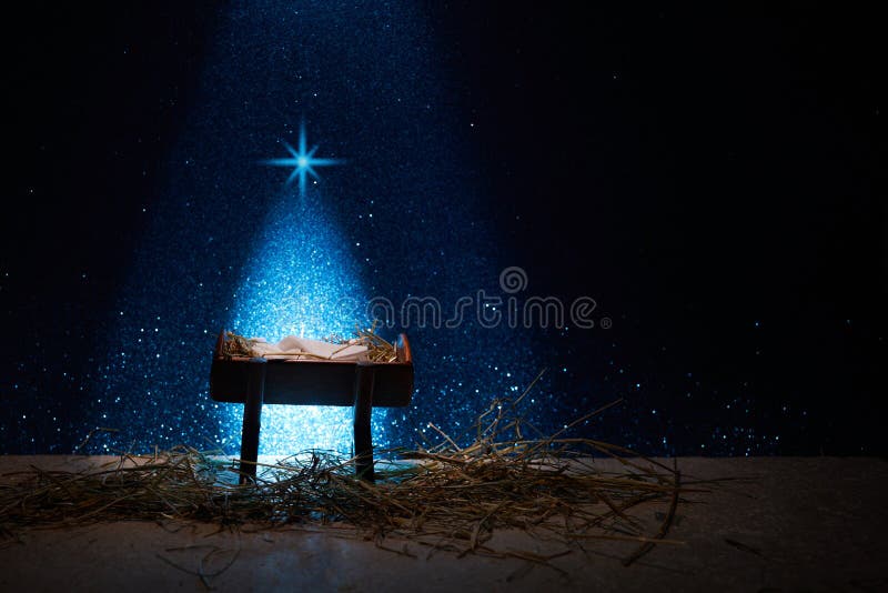 Nativity of Jesus, Empty Manger at Night with Bright Lights. Stock ...