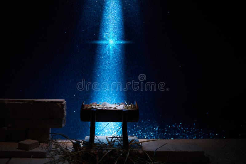 Nativity of Jesus, Empty Manger at Night with Bright Lights. Stock ...