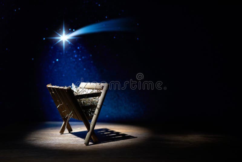 Nativity of Jesus, Empty Manger at Night with Bright Lights. Stock ...