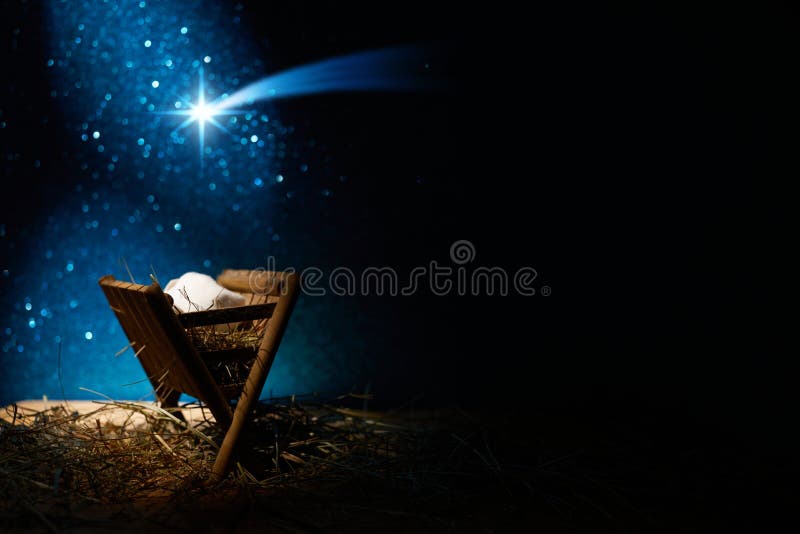 Nativity of Jesus, Empty Manger at Night with Bright Lights. Stock ...