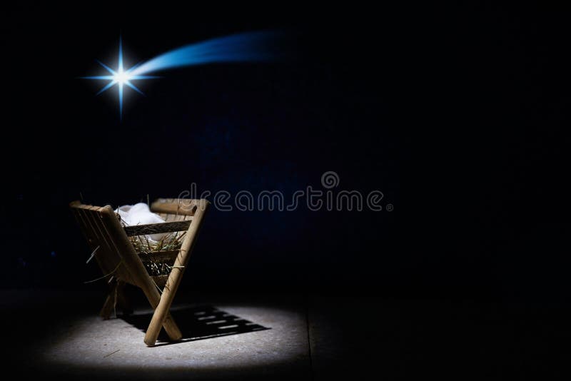 Nativity of Jesus, Empty Manger at Night with Bright Lights. Stock ...
