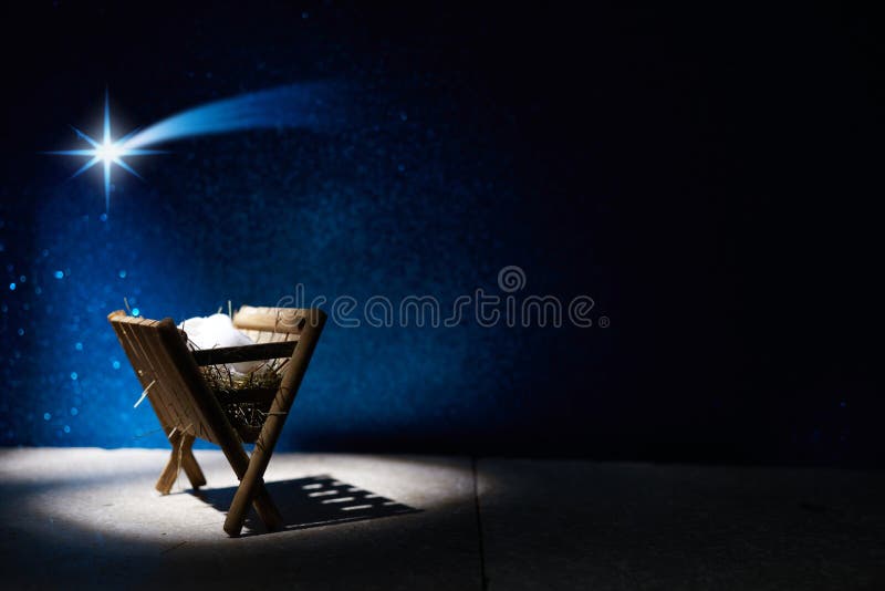 Nativity of Jesus, Empty Manger at Night with Bright Lights. Stock ...