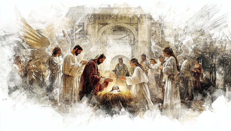 Nativity Scene with Angels and Wise Men at Dawn Stock Illustration ...