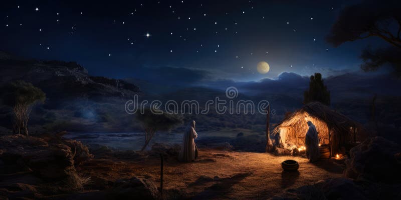 Nativity Scene, Barn in the Desert Under the Stars. Christmas Stock ...