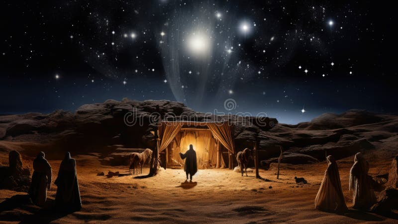 Nativity Scene, Barn in the Desert Under the Stars. Christmas Stock ...