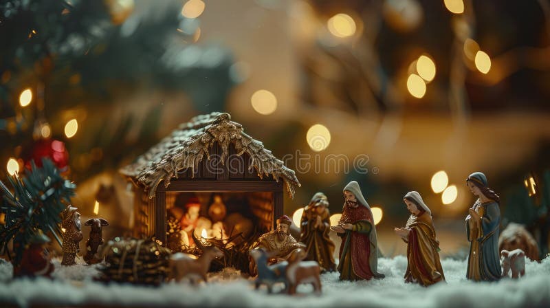 Nativity Scene with Christmas Figurines Creating a Festive Atmosphere ... Nativity Scene with Christmas Figurines Creating a Festive Atmosphere ...