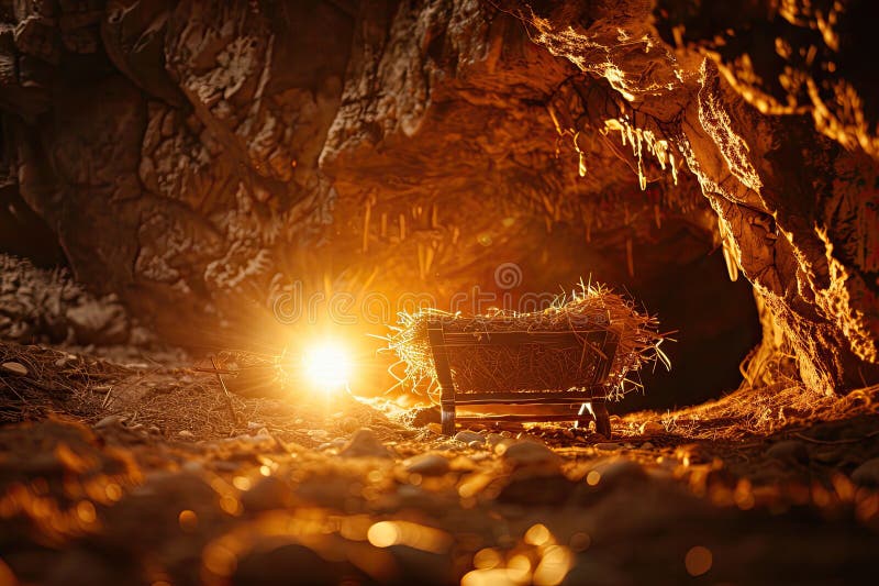 A Nativity Scene Depicting a Cave with Light Shining from Above Stock ...