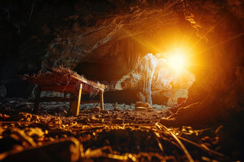 A Nativity Scene Depicting a Cave with Light Shining from Above Stock ...