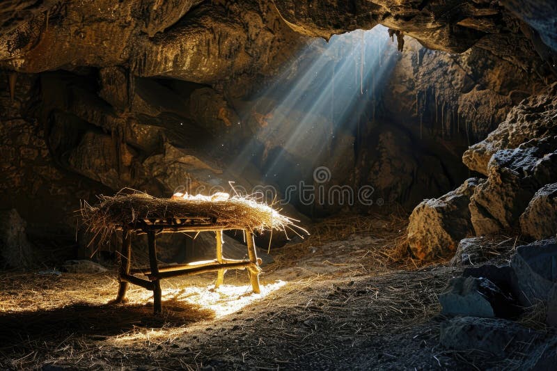 A Nativity Scene Depicting a Cave with Light Shining from Above Stock ...