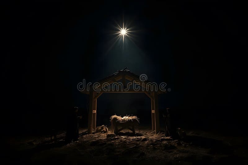 A Dramatic Nativity Scene at Night with an Empty Wooden Manger in the ...