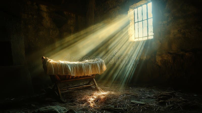 Nativity Scene Featuring an Empty Wooden Cradle Illuminated by Rays of ...