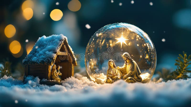 Nativity Scene with Figurines Inside a Glass Snow Globe Stock ...