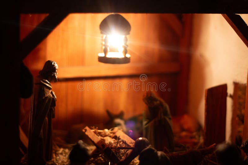Nativity Scene with Illuminated Stable and Figures-Christmas Tradition ...
