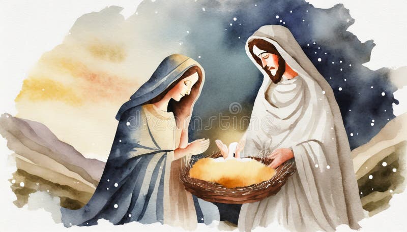 Nativity Scene Painted with Watercolors Stock Illustration ...