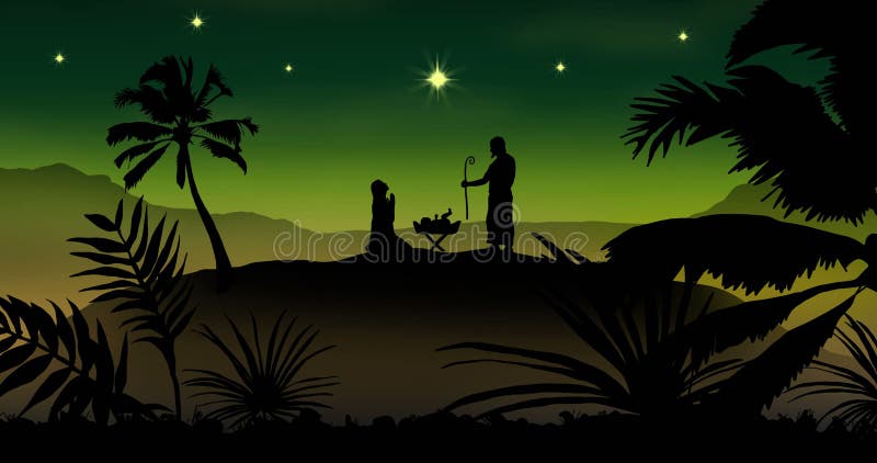 Nativity Scene and Palm Trees on Green Background Stock Illustration ...