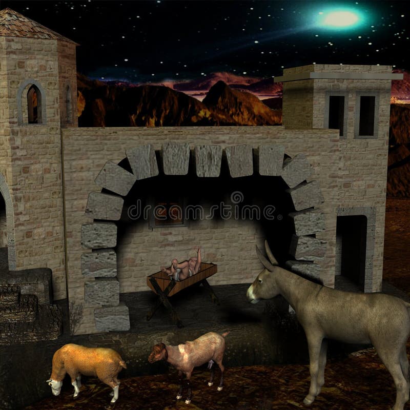 Nativity scene with stable stock illustration. Illustration of star ...