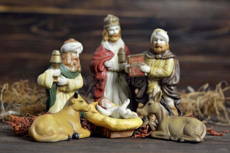Nativity Scene with Three Kings and Baby Jesus Stock Photo - Image of ...