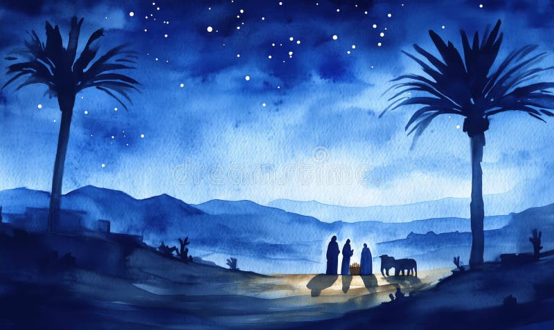Nativity Scene Under Starry Night Sky with Silhouettes of Figures and ...