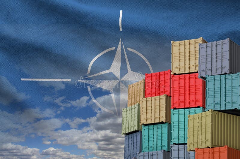 Nato Flag and Big Stack of Shipping Cargo Containers in Docks with Sky ...