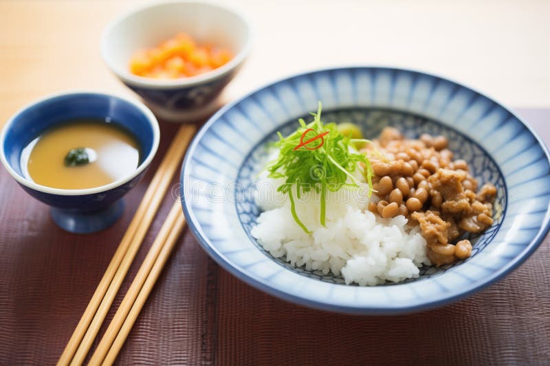 Natto Breakfast Plate with Rice and Miso Soup Stock Image - Image of ...