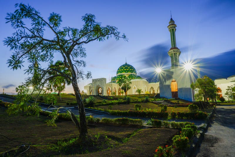 Natuna Grand Mosque Garden Landscape Stock Image - Image of tower ...