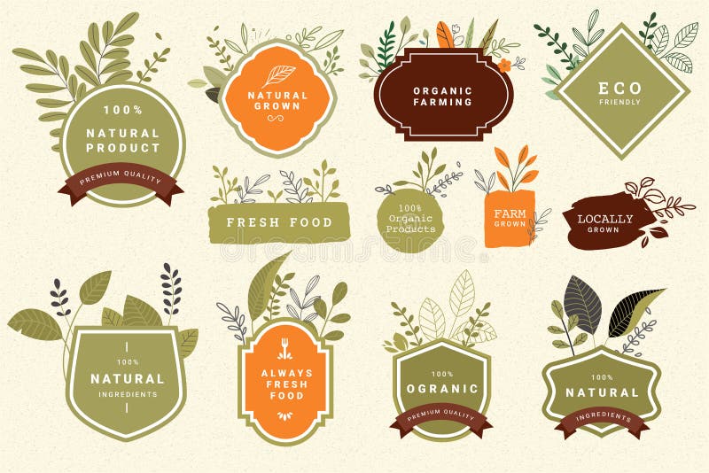 Organic and Natural Food and Products Signs Stock Vector - Illustration ...